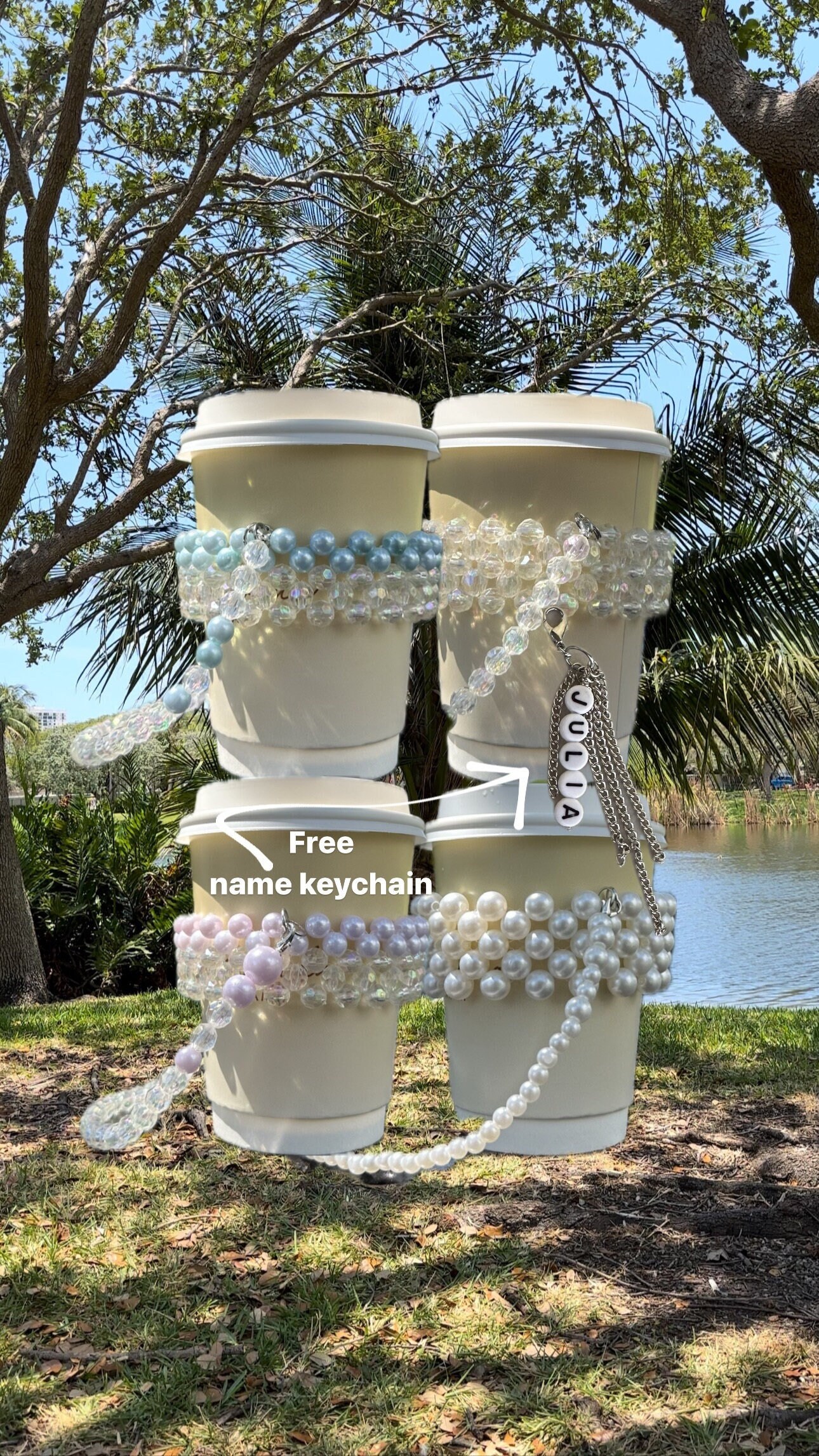 Beaded Cup Holder With Strap and Free Name Keychain, Iridescent Pearl ...