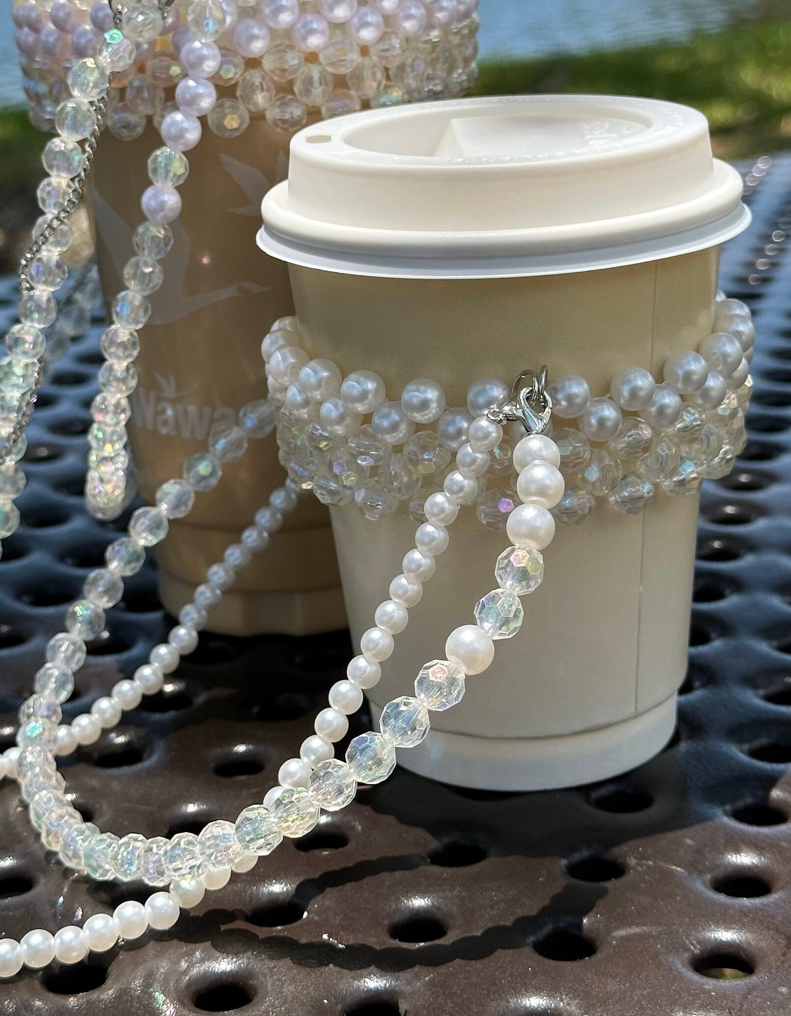 Beaded Cup Holder With Strap and Free Name Keychain, Iridescent Pearl ...