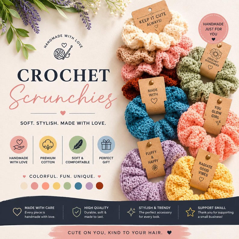 Double Bloom Scrunchie Crochet Pattern, Textured Floral Hair Accessory ...