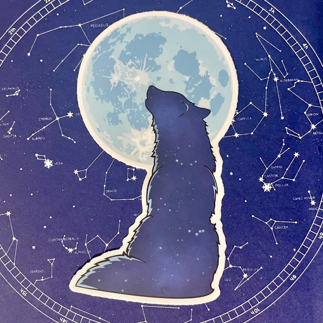 Moonlit Wolf Sticker Wolf Howling With Starlight Fur Night Sky Cosmic ...