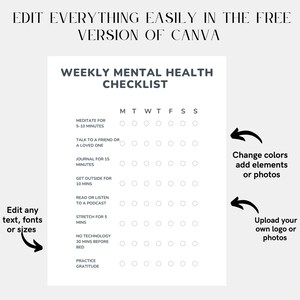 EDITABLE Printable Self Care Checklist Template | Wellness Journal ...