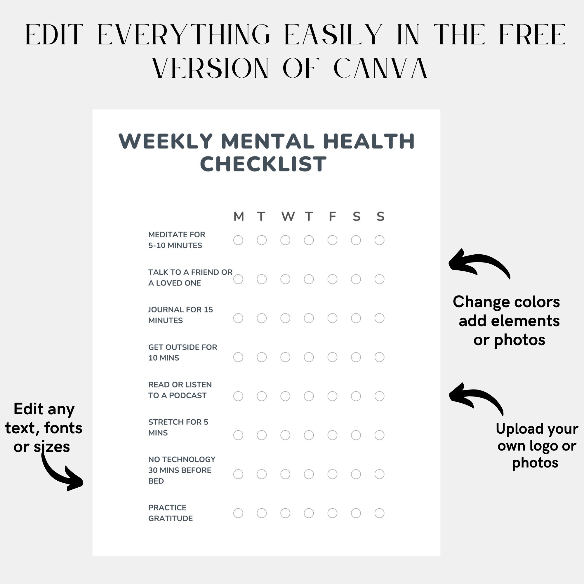 EDITABLE Printable Self Care Checklist Template | Wellness Journal ...
