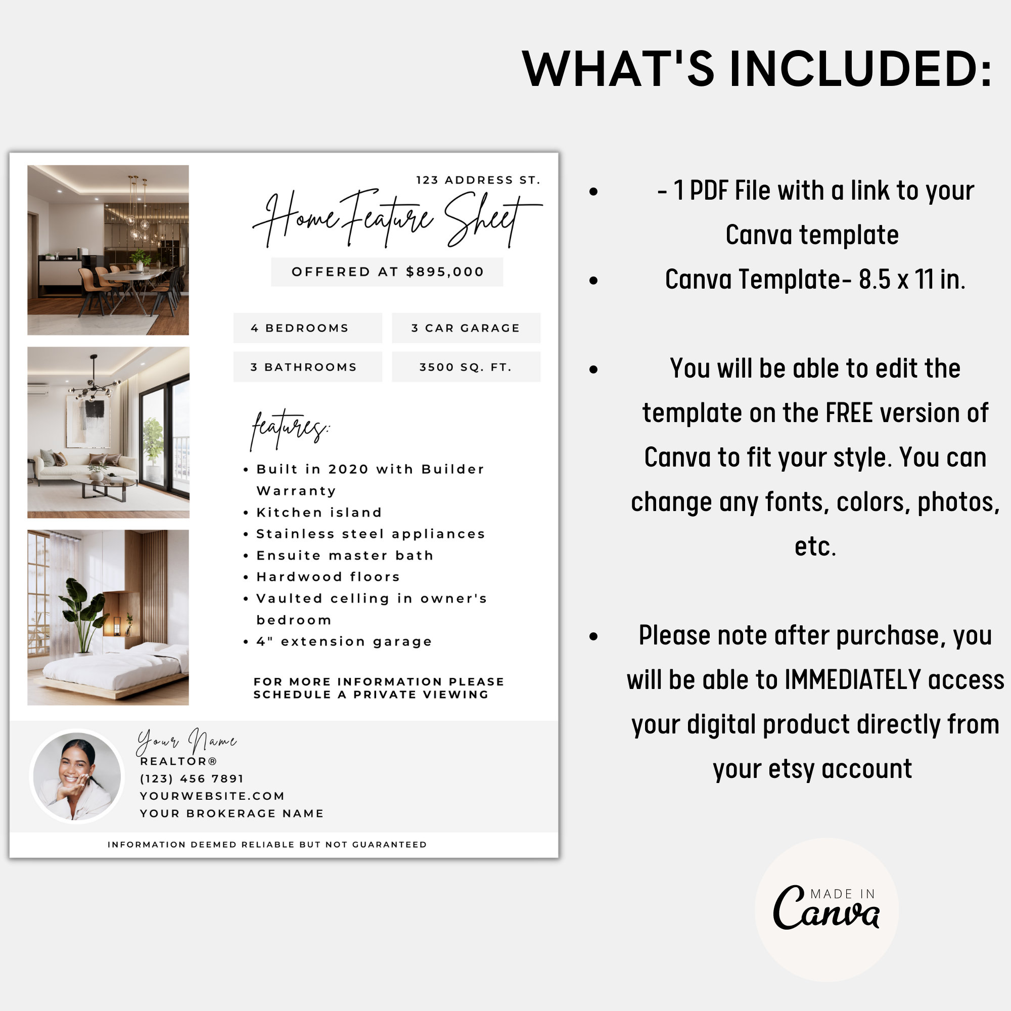 Real Estate Home Feature Sheet Template, Agent Marketing and Branding ...