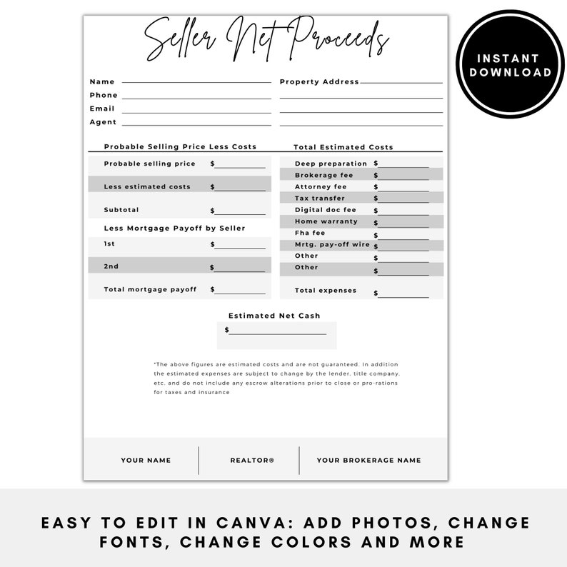 Real Estate Sellers Estimated Net Proceeds Sheet, Realtor Marketing ...