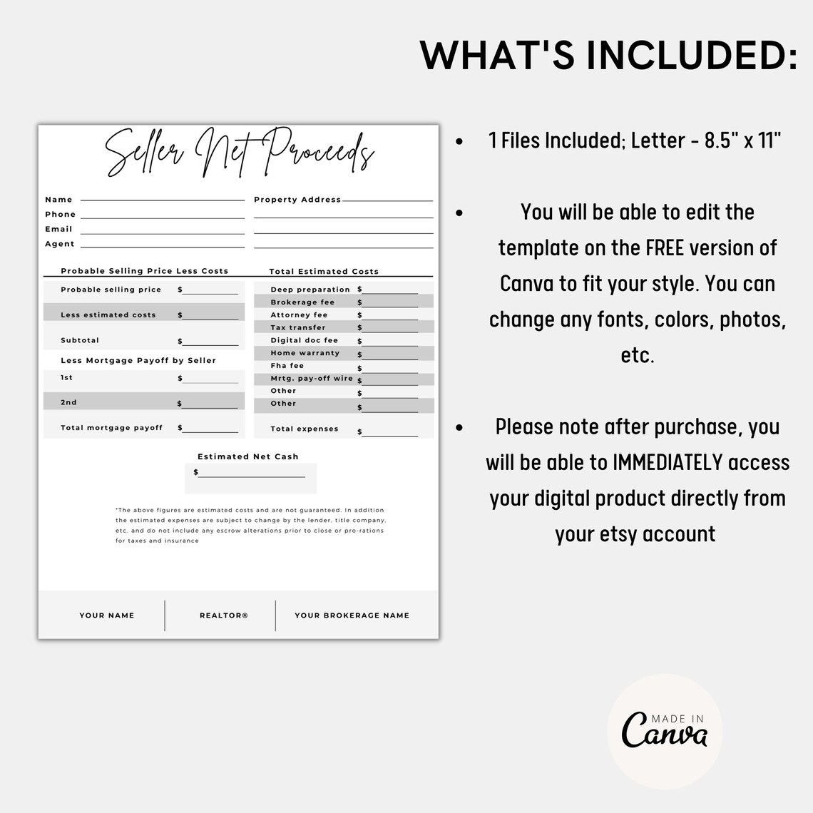 Real Estate Sellers Estimated Net Proceeds Sheet, Realtor Marketing ...