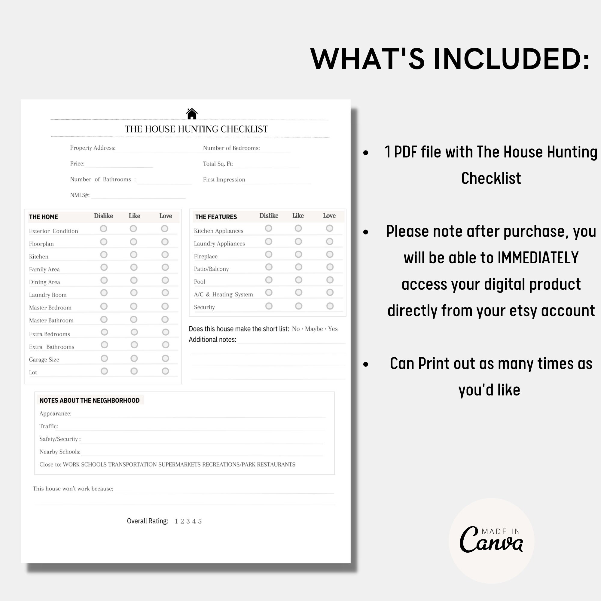 The House Hunting Checklist, Already Made, Ready to Download, Print as ...