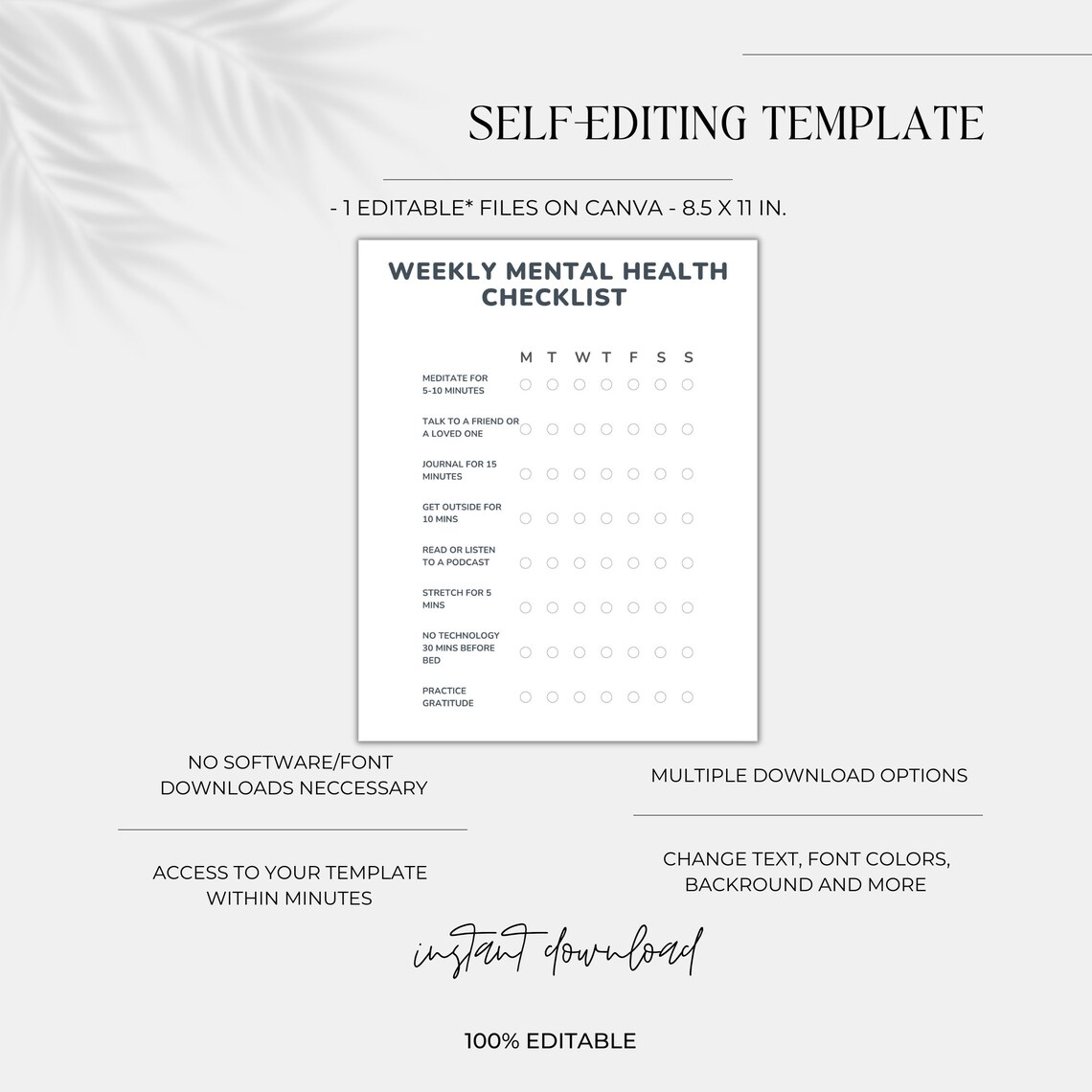 EDITABLE Printable Self Care Checklist Template | Wellness Journal ...