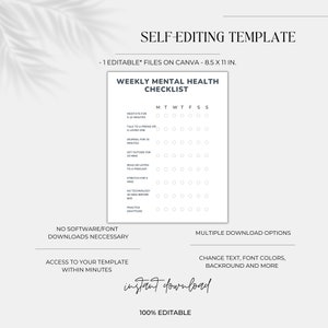 EDITABLE Printable Self Care Checklist Template | Wellness Journal ...
