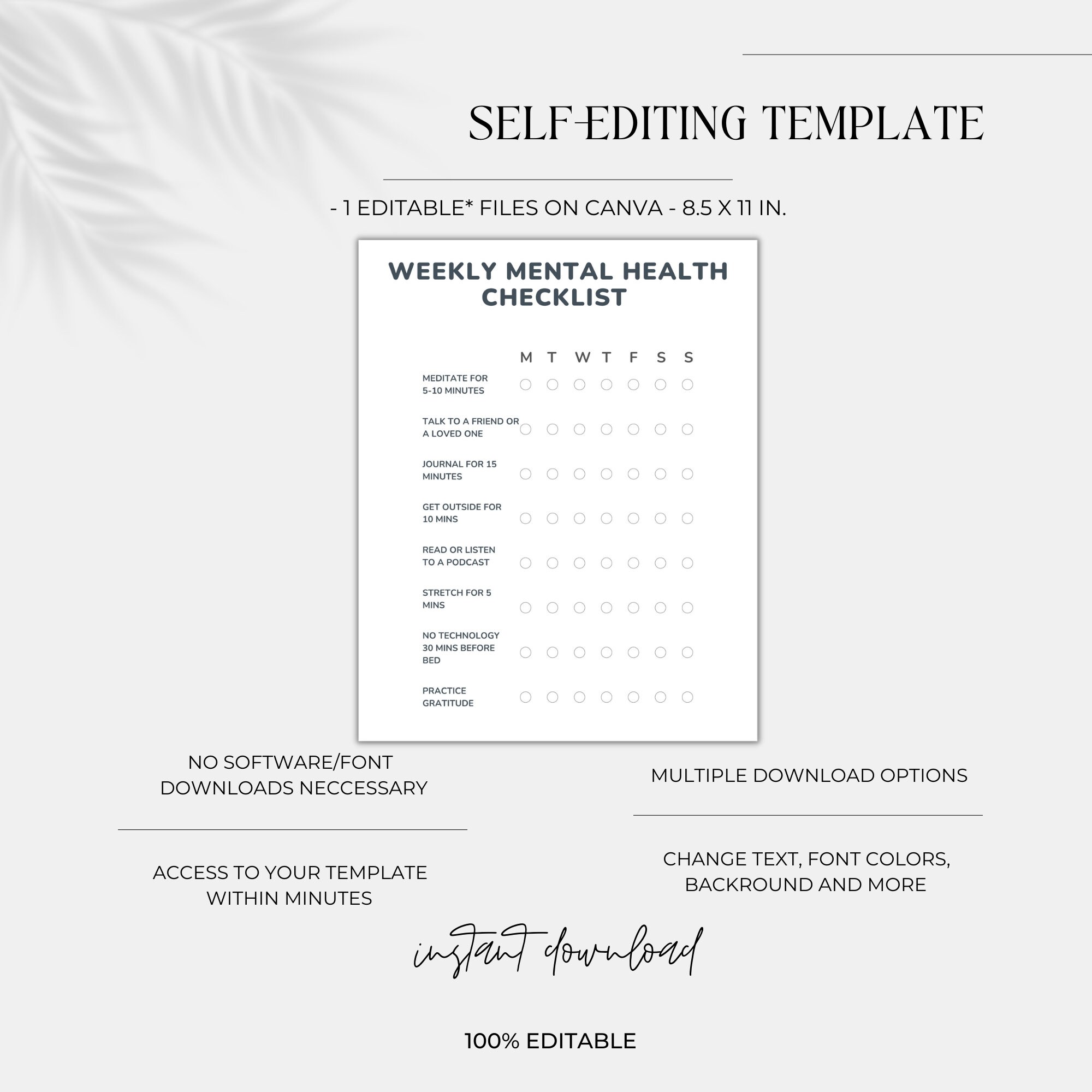 EDITABLE Printable Self Care Checklist Template | Wellness Journal ...