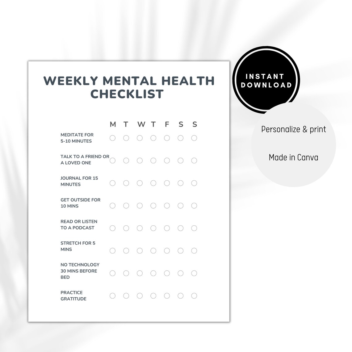 EDITABLE Printable Self Care Checklist Template | Wellness Journal ...
