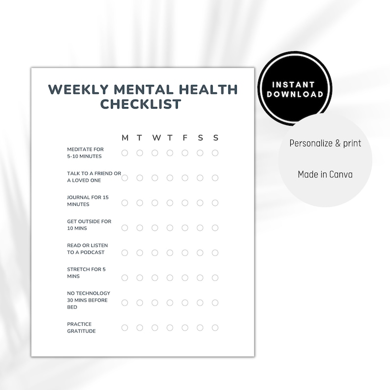 EDITABLE Printable Self Care Checklist Template | Wellness Journal ...