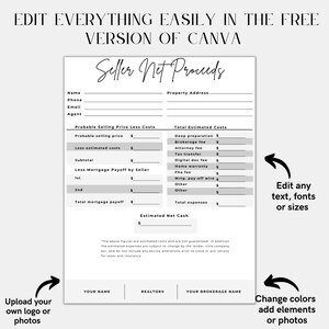 Real Estate Sellers Estimated Net Proceeds Sheet, Realtor Marketing ...