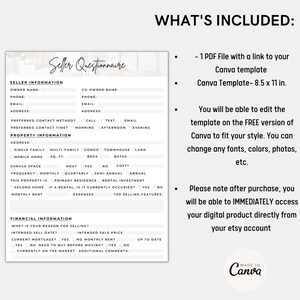 Seller Questionnaire, Seller Survey Questionnaire, Real Estate ...