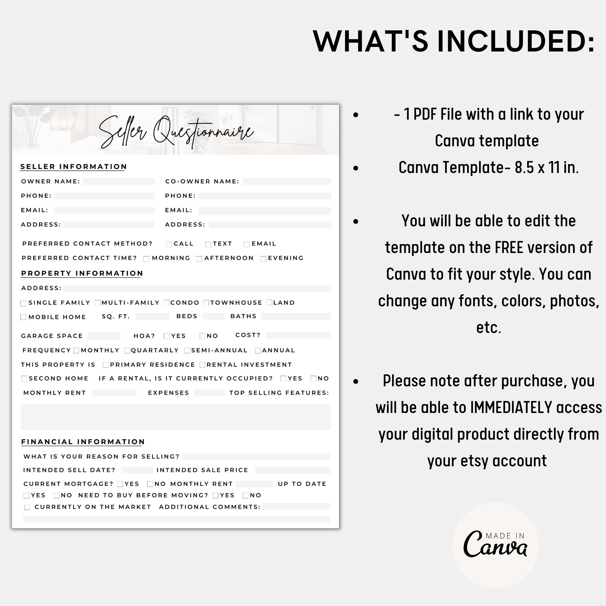 Seller Questionnaire, Seller Survey Questionnaire, Real Estate ...