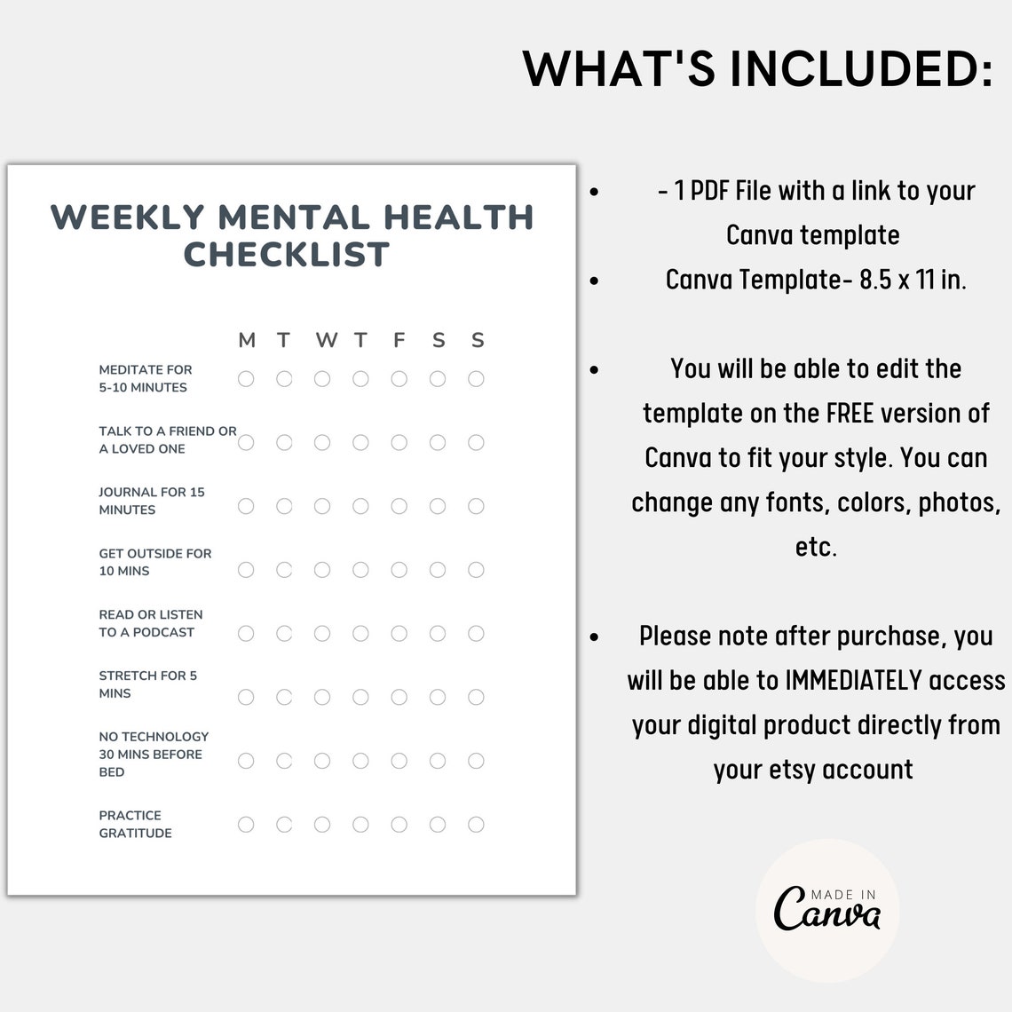 EDITABLE Printable Self Care Checklist Template | Wellness Journal ...