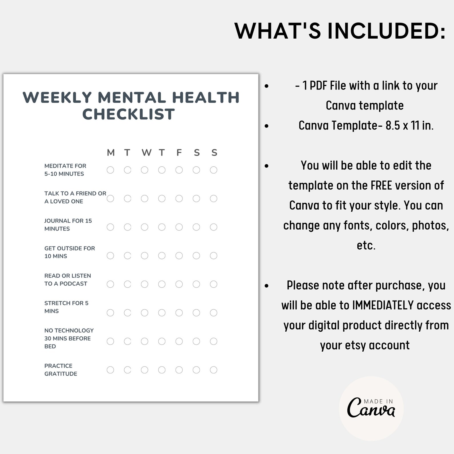 EDITABLE Printable Self Care Checklist Template | Wellness Journal ...