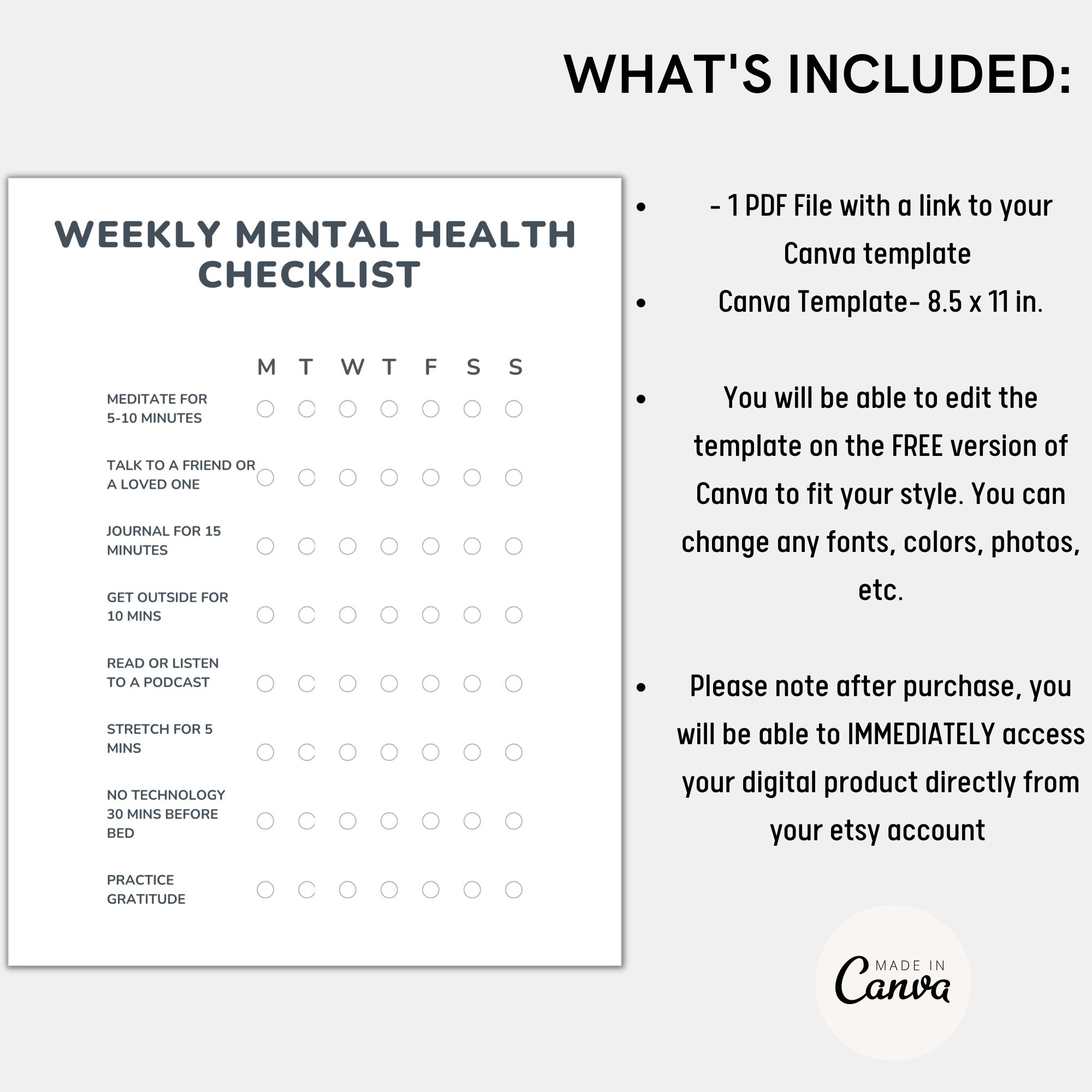 EDITABLE Printable Self Care Checklist Template | Wellness Journal ...