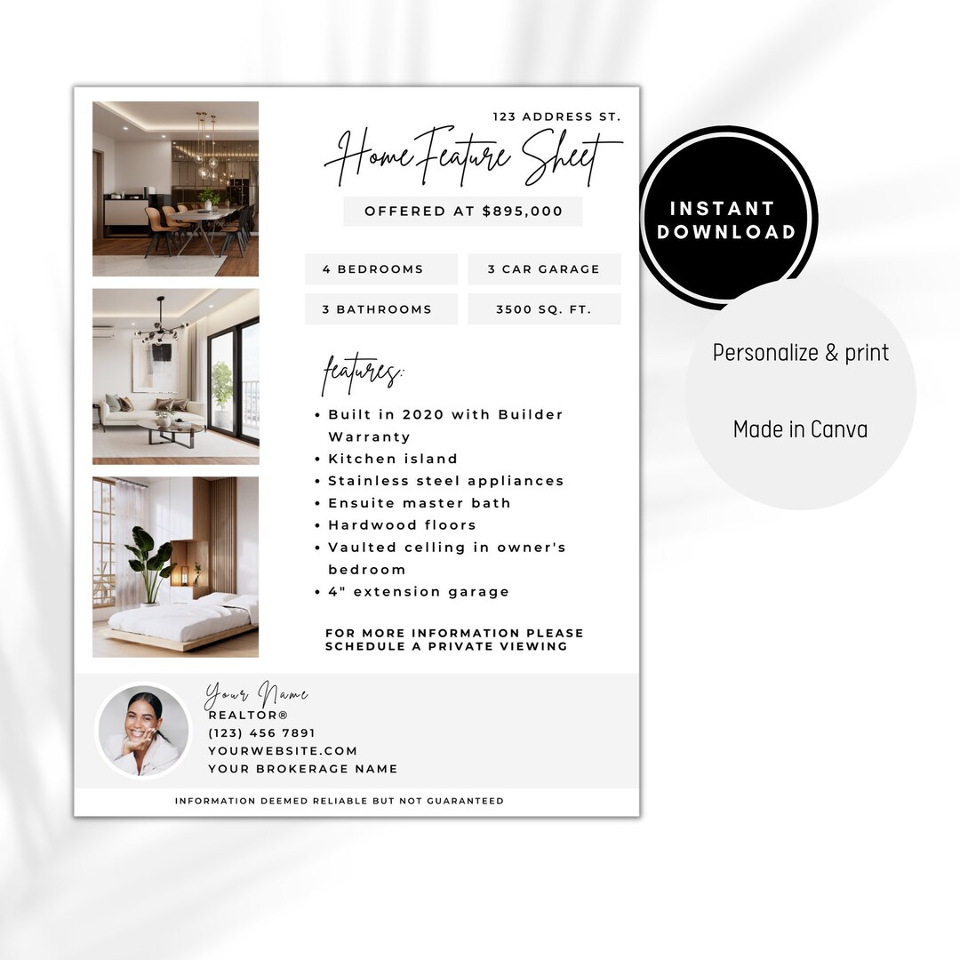 Real Estate Home Feature Sheet Template, Agent Marketing and Branding ...