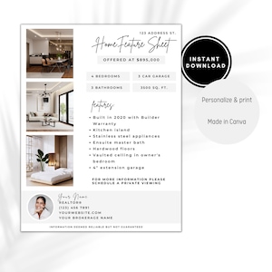 Real Estate Home Feature Sheet Template, Agent Marketing and Branding ...