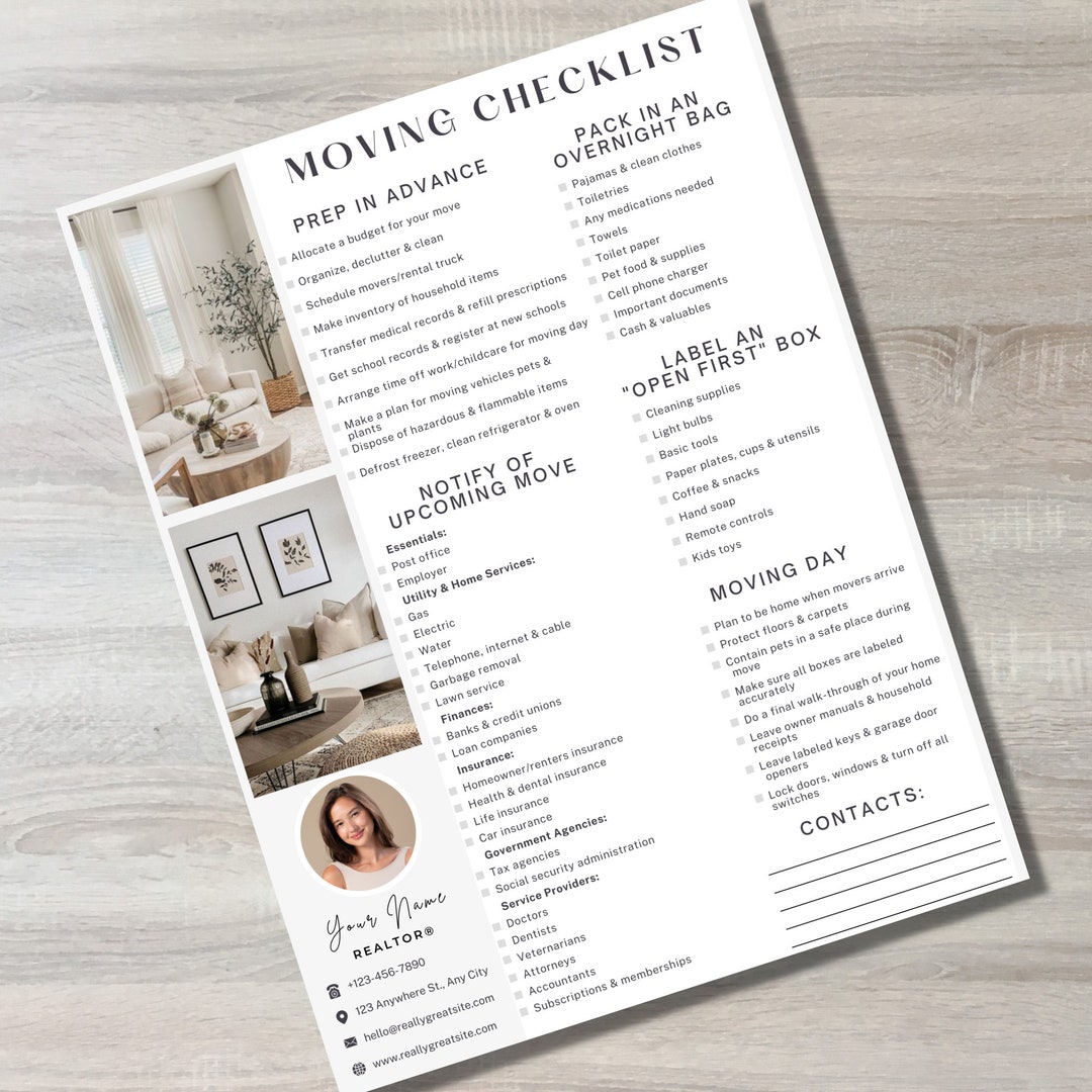 Real Estate Moving Checklist, Realtor Moving Guide, Printable Moving To ...