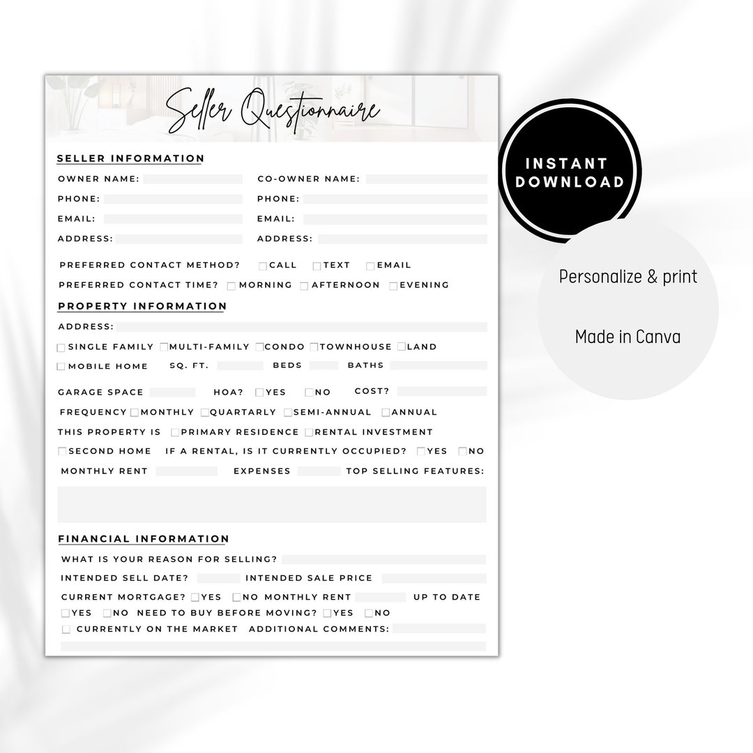 Seller Questionnaire, Seller Survey Questionnaire, Real Estate ...
