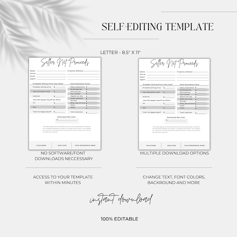 Real Estate Sellers Estimated Net Proceeds Sheet, Realtor Marketing ...