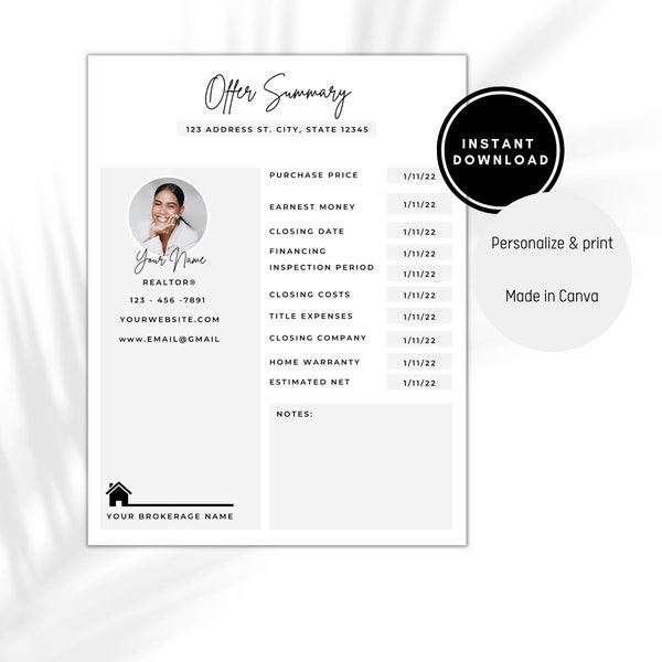 Real Estate Offer Summary Template - Etsy