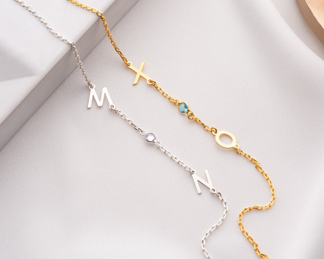 Personalized Letter Bracelet With Birthstone, Dainty Initial Birthstone ...