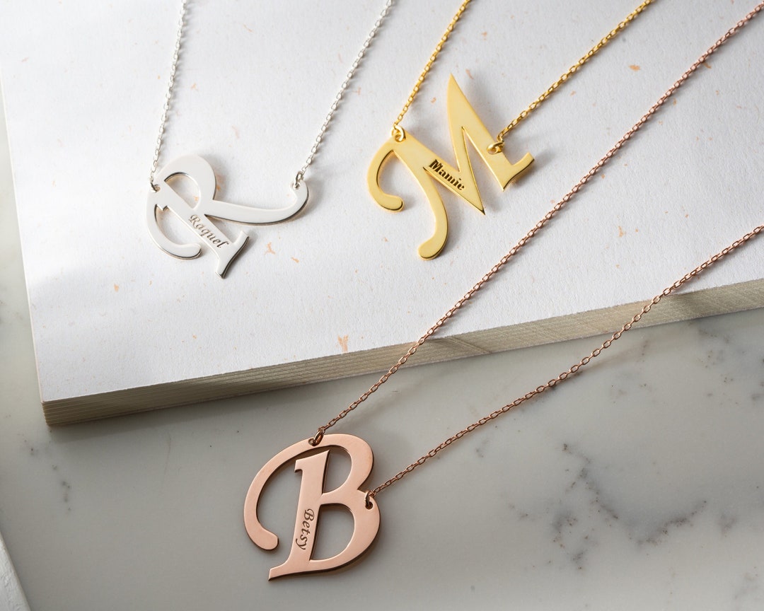 4K Big Letter With Name Necklace, Engraved Name on the Letter Necklace ...