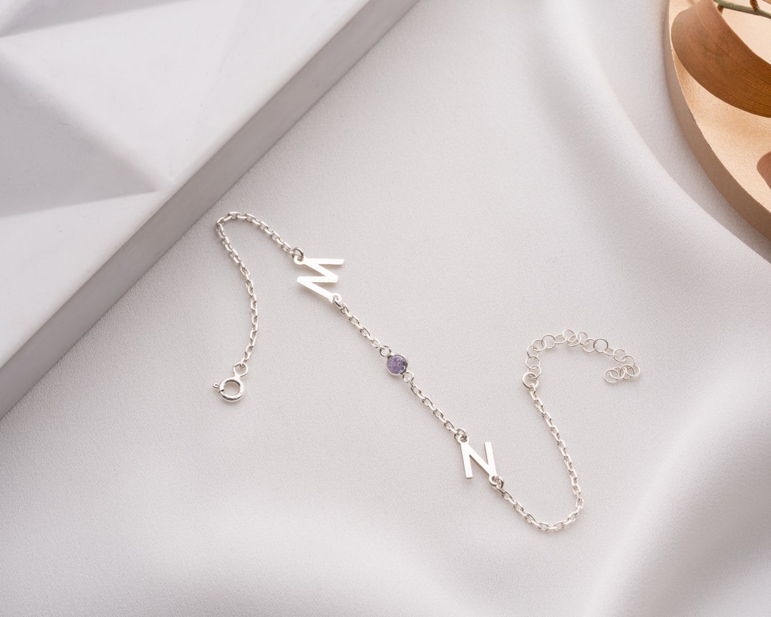 Birthstone Letter Bracelet, Custom Letter Bracelet With Birthstone ...
