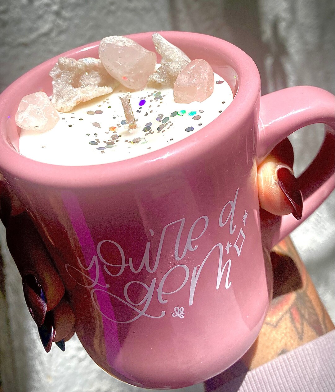 You’re A Gem Crystal Mug Candle With Rose Quartz Stones, Crystal Candle ...