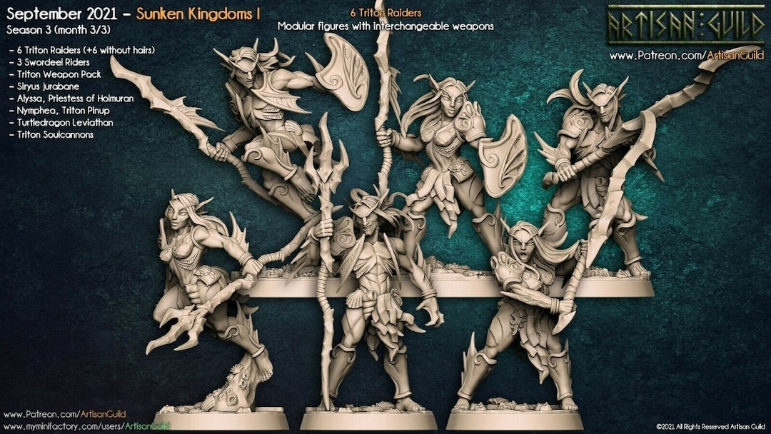Sunken Kingdoms Sea Elves Merfolk W/ Choice of Modular Weapons 3D Resin ...