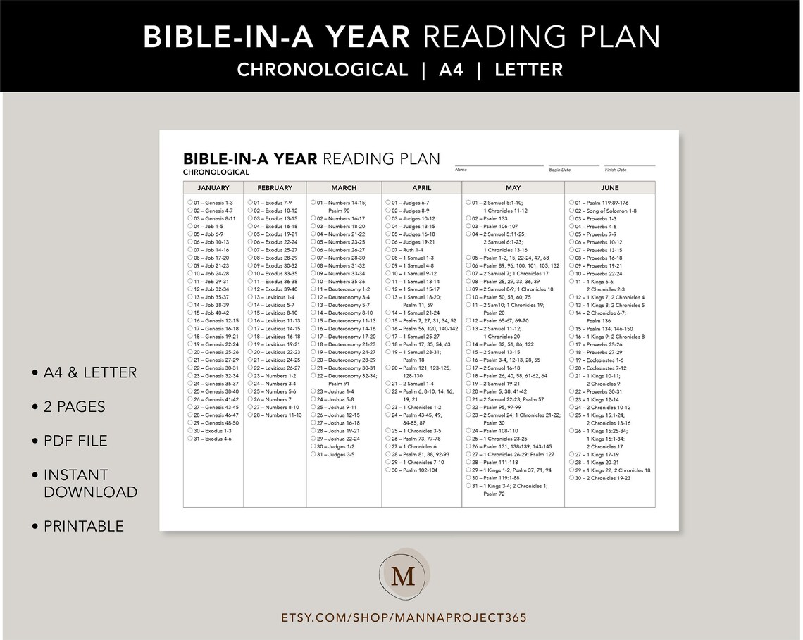 Chronological Bible-in-a Year Reading Plan One Year Bible - Etsy