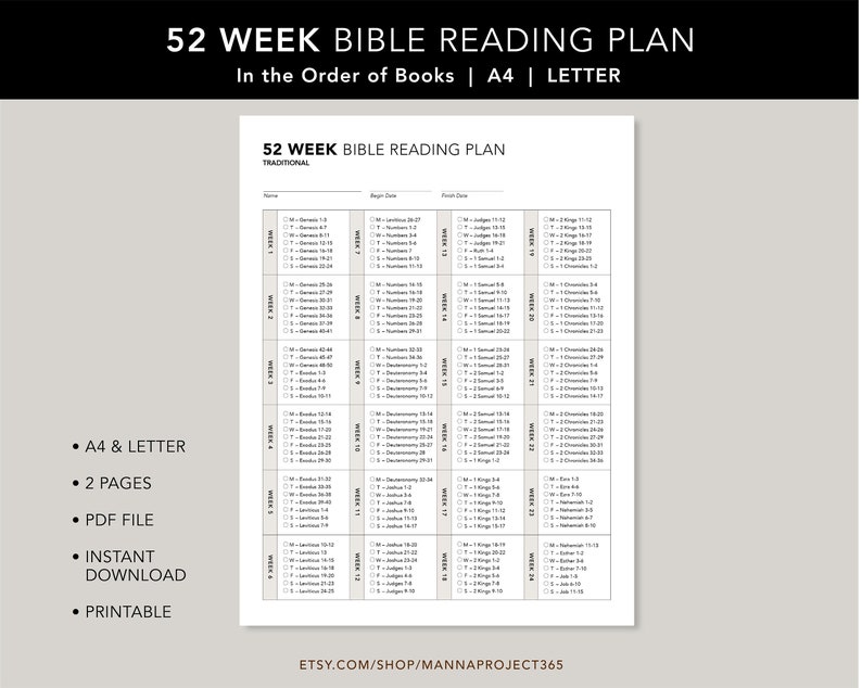 Traditional 52 Week Bible Reading Plan, 52 Week Bible Reading by Book ...