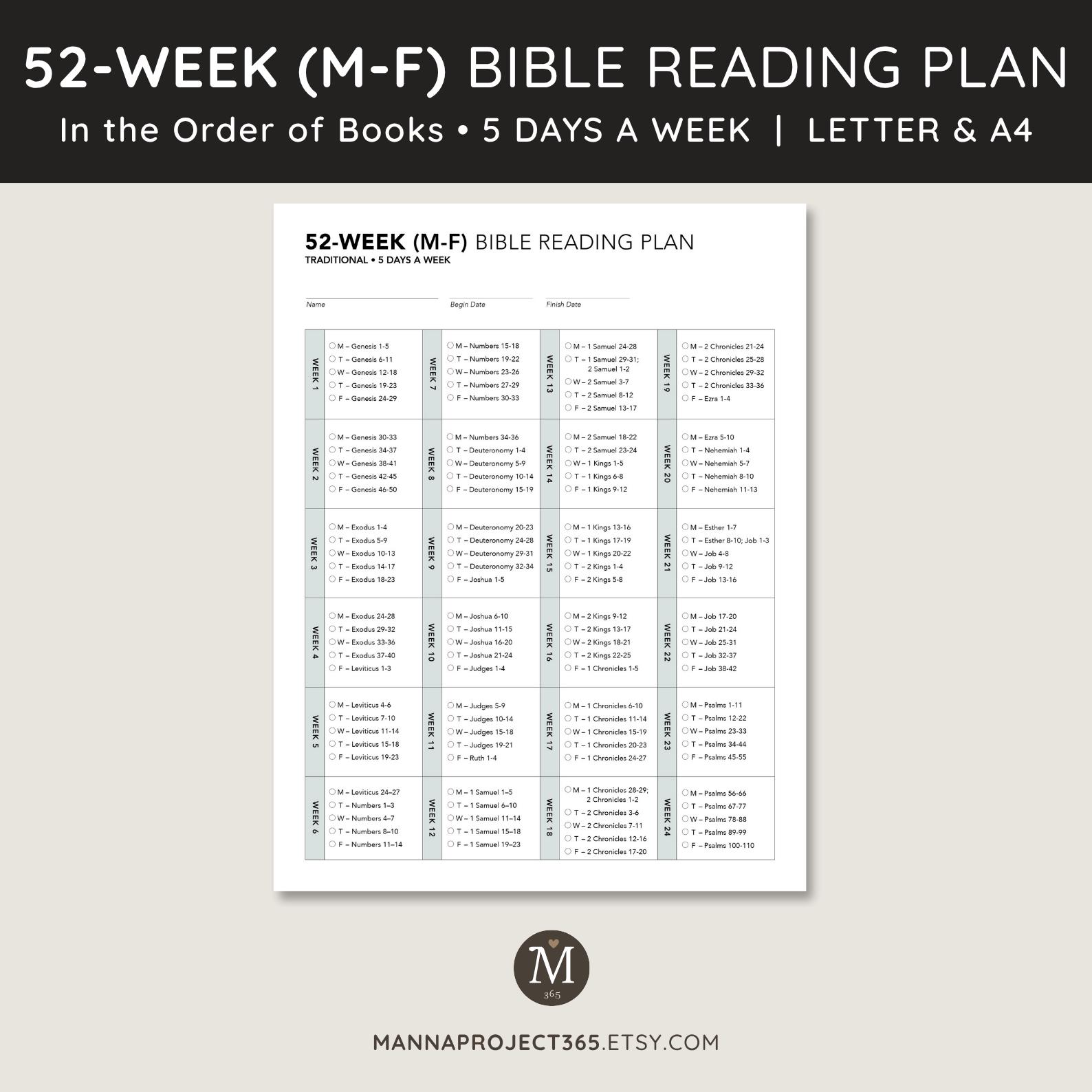 Traditional 52 Week Bible Reading Plan (M-F), 5 Days a Week, in the ...