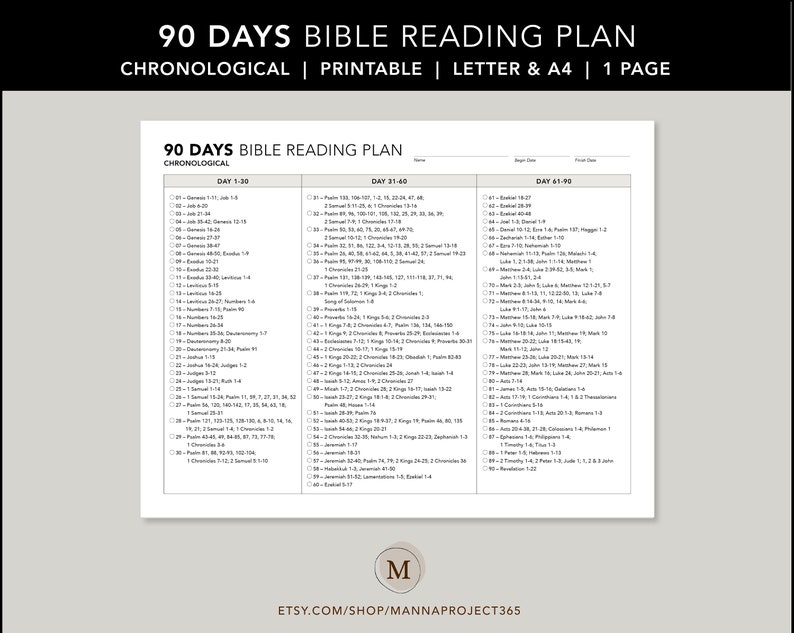 90 Days Chronological Bible Reading Plan, Bible in 90 Days, 3 Month ...