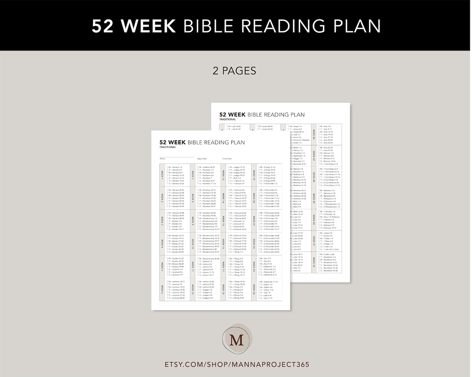 Traditional 52 Week Bible Reading Plan, 52 Week Bible Reading by Book ...