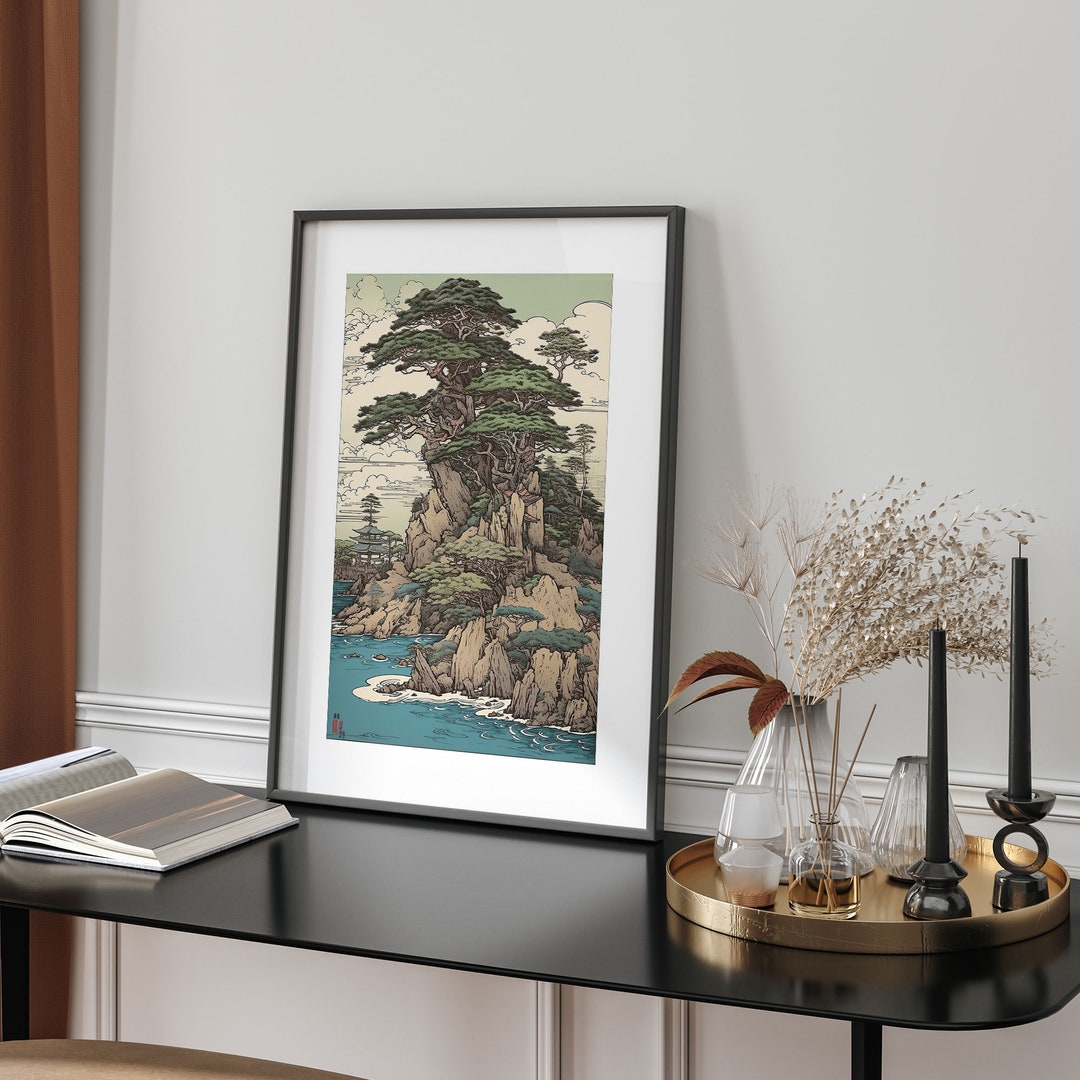 Ancient Japanese Cliffside Pine Tree Art Print Japanese Landscape Wall ...