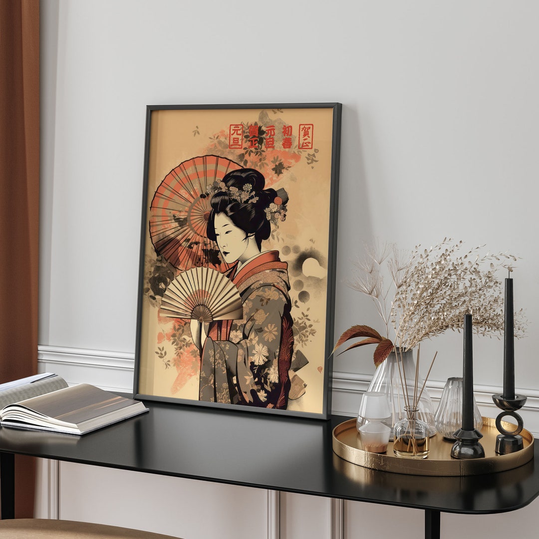 Japanese Geisha Fan 2D Portrayal Wall Art Print, Art for Homes, Printed ...