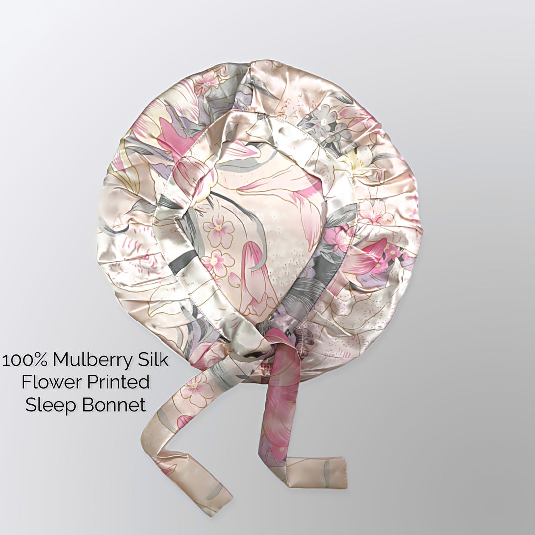 Flower Printed Silk Sleep Bonnet, 6A Grade 100% Mulberry Silk Night Cap ...