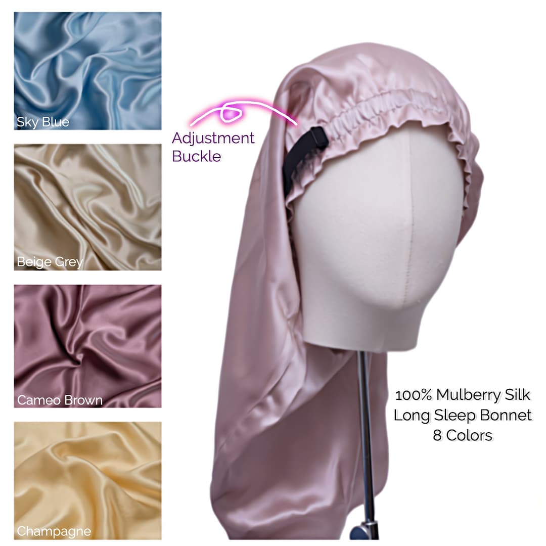 Adjustable Silk Bonnet for Long Hair, 100% Mulberry Silk Large Silk ...