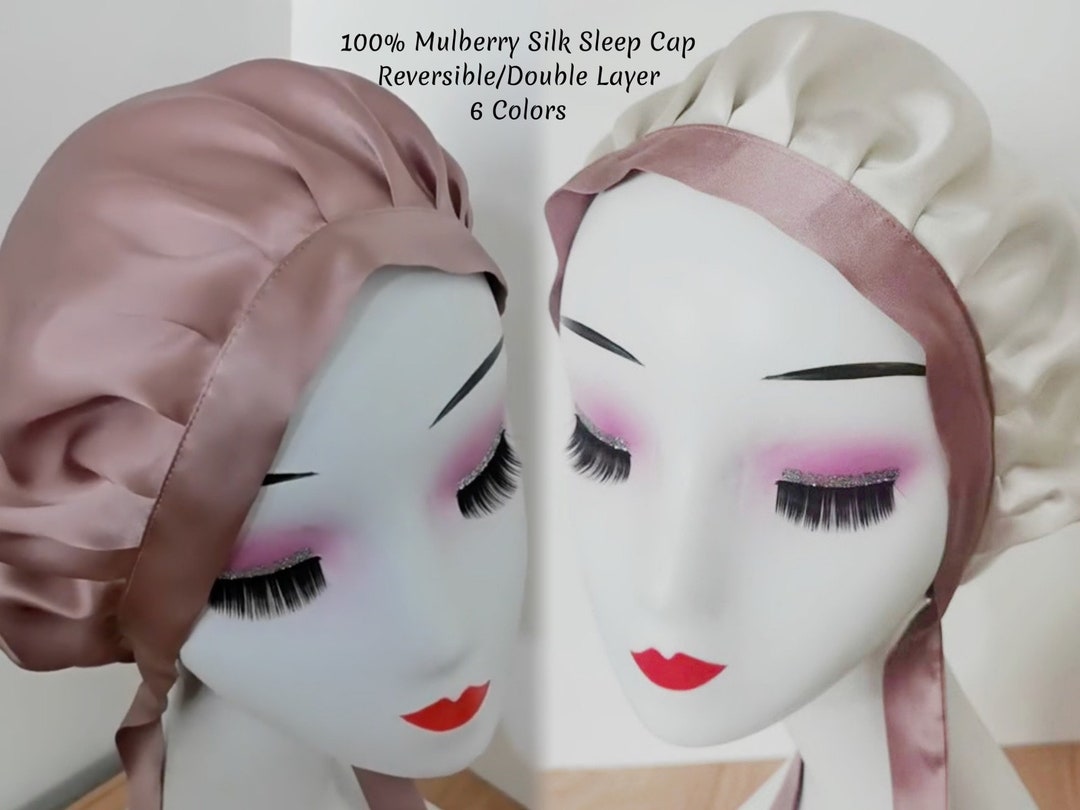 Double Layer 100% Silk Sleep Cap Luxury Mulberry Silk Reversible Bonnet ...