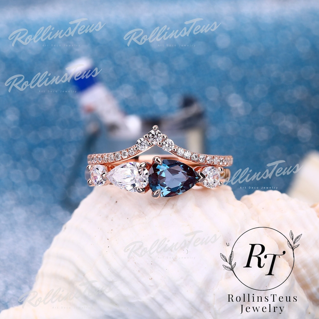 Pear Cut Lab Alexandrite Engagement Ring Bridal Sets Ring Promise Ring Wedding Band for Women ...