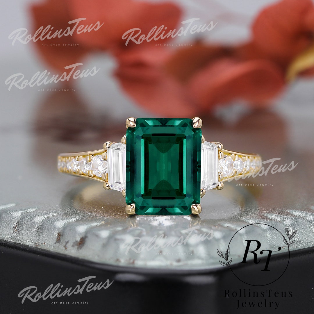 Emerald Cut Green Emerald Engagement Ring 14k Solid Gold Unique ...