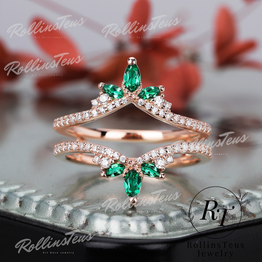 Green Emerald Double Curved Wedding Band Unique Moissanite Solid Rose ...
