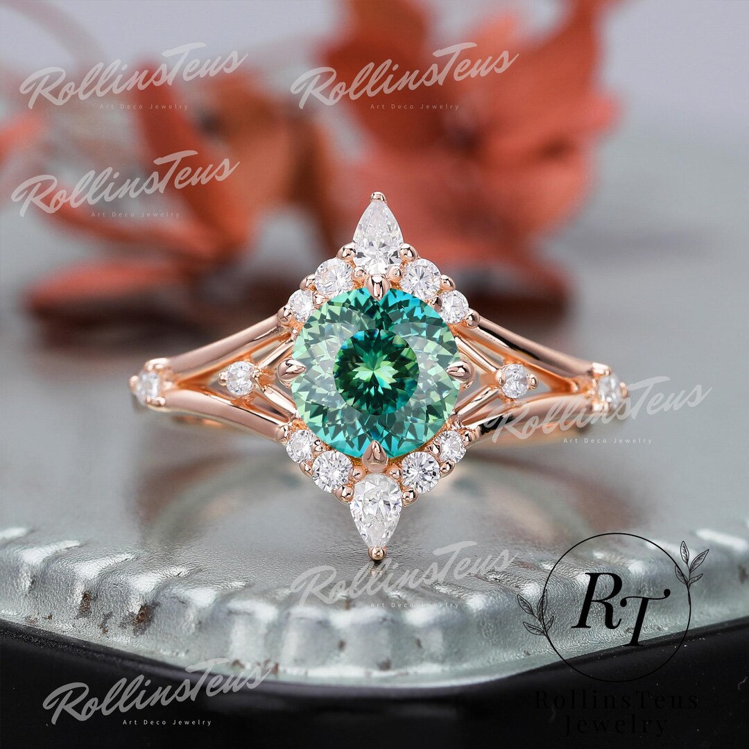 Round Shape Fireworks Cut Green Moissanite Engagement Ring Moissanite ...
