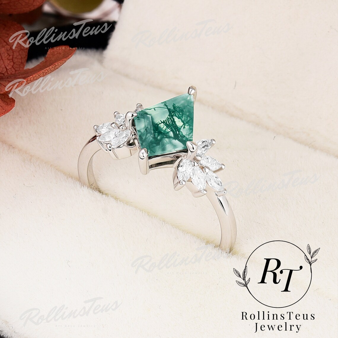 Kite Shape Natural Moss Agate Engagement Ring Solid Gold Ring Unique ...