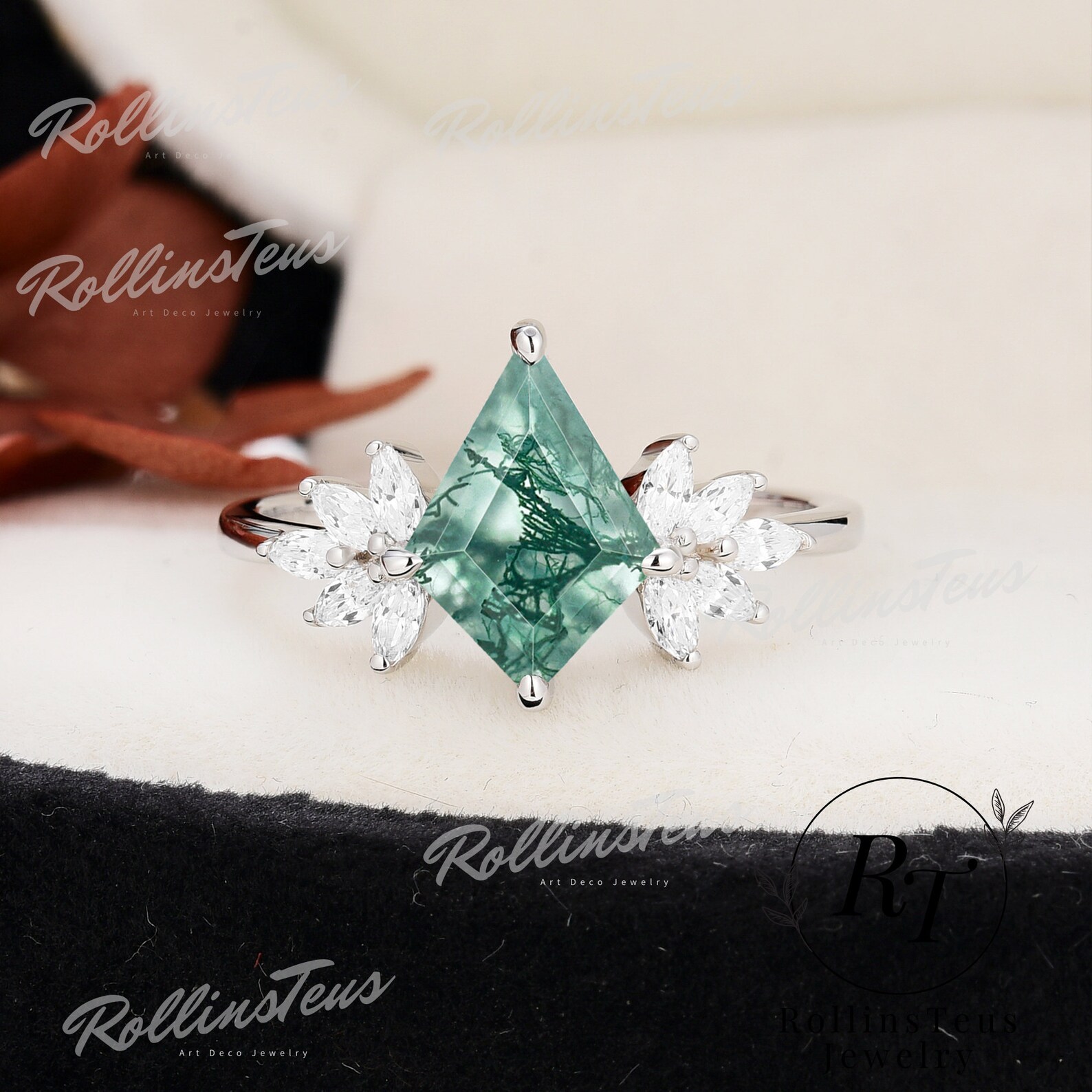 Kite Shape Natural Moss Agate Engagement Ring Solid Gold Ring Unique ...