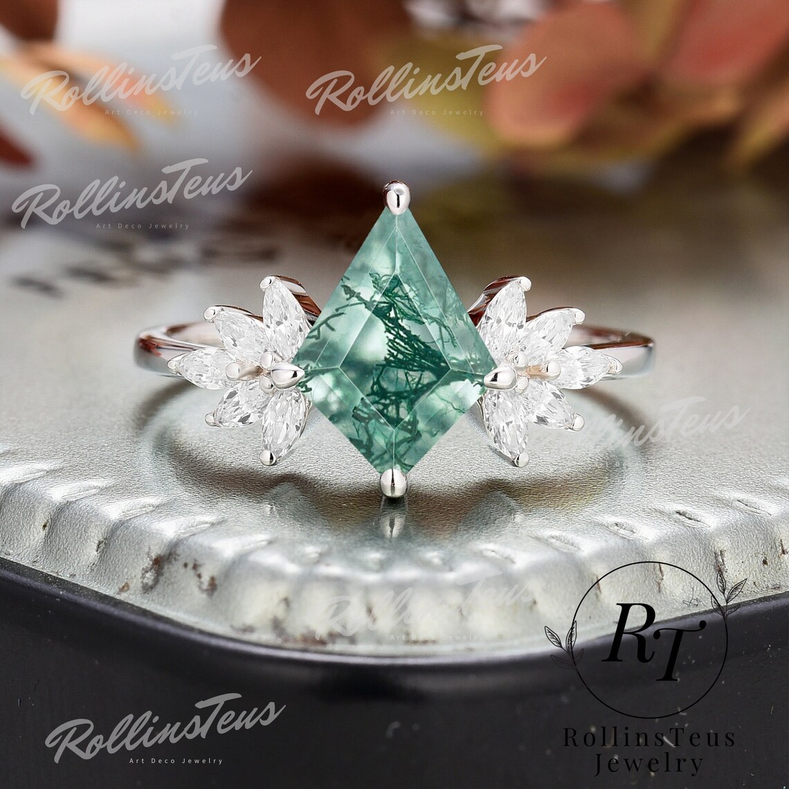 Kite Shape Natural Moss Agate Engagement Ring Solid Gold Ring Unique ...