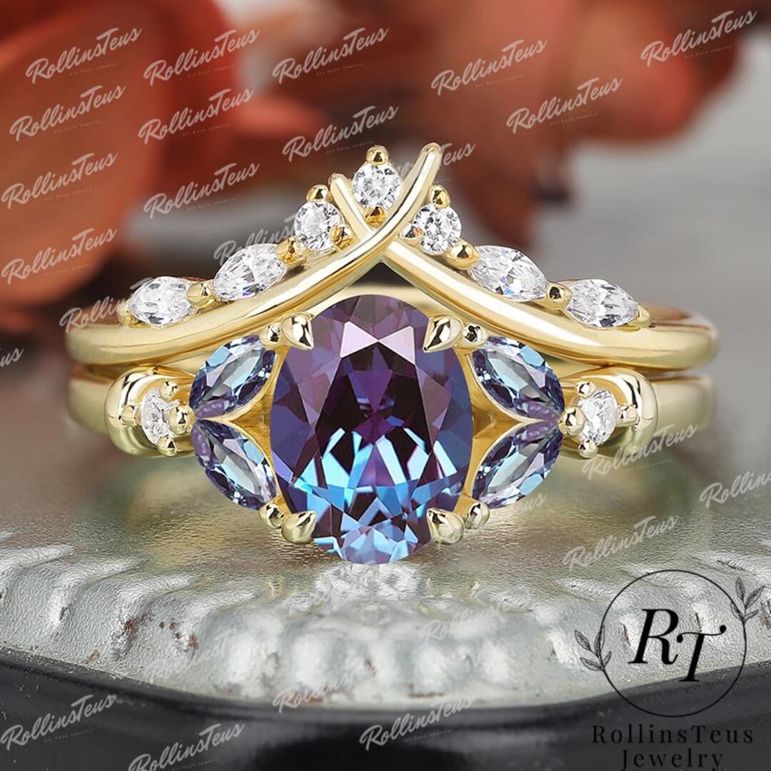 Unique Change Color Stone Bridal Set Oval Cut Alexandrite Engagement ...